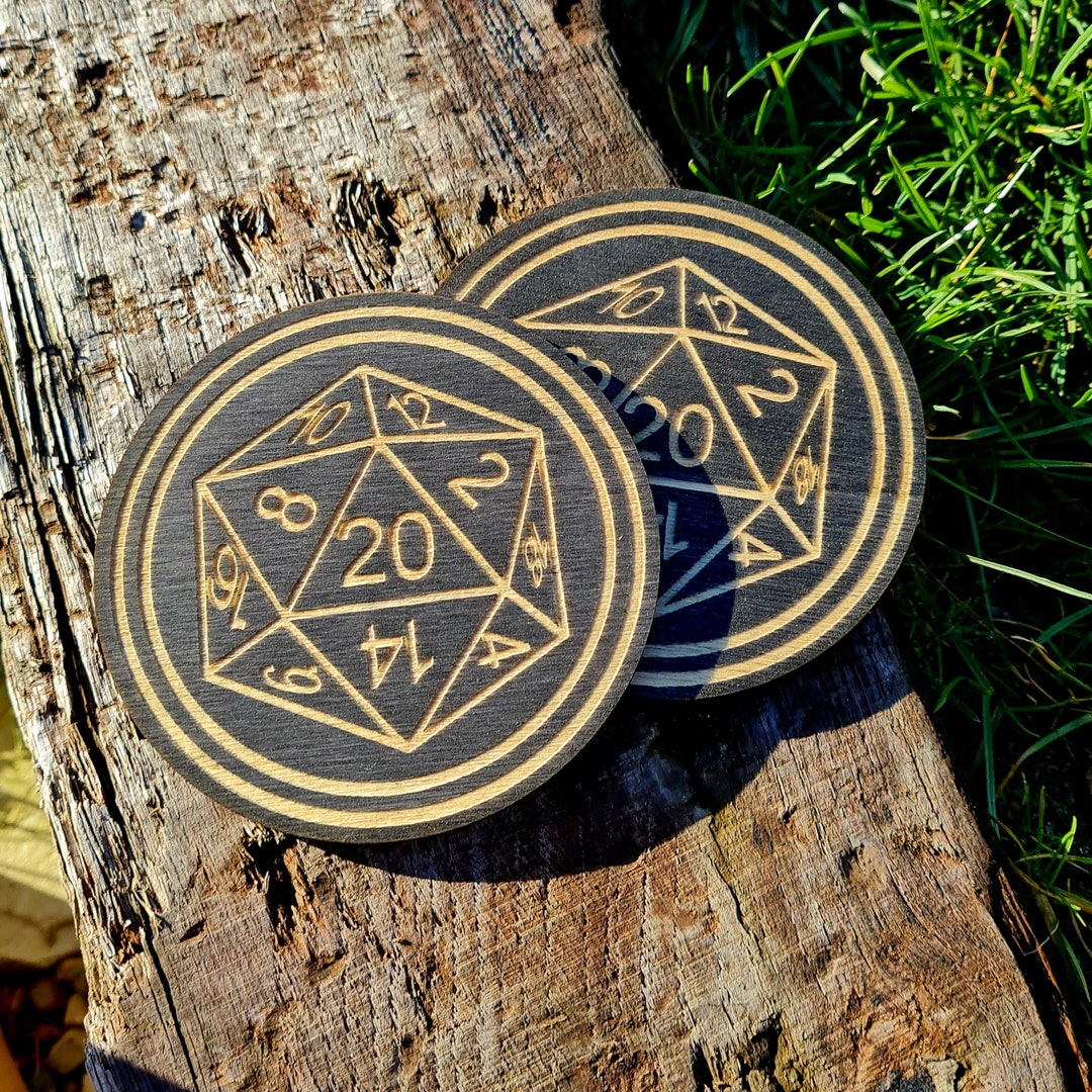 Dice D20 Black Set of 2 Wooden Coasters, Engraved Coasters - Etsy
