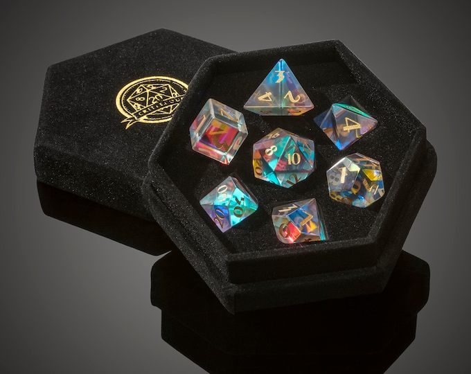 Rainbow Crystal Dice Full Set in Case, Dungeons and Dragons, Special ...