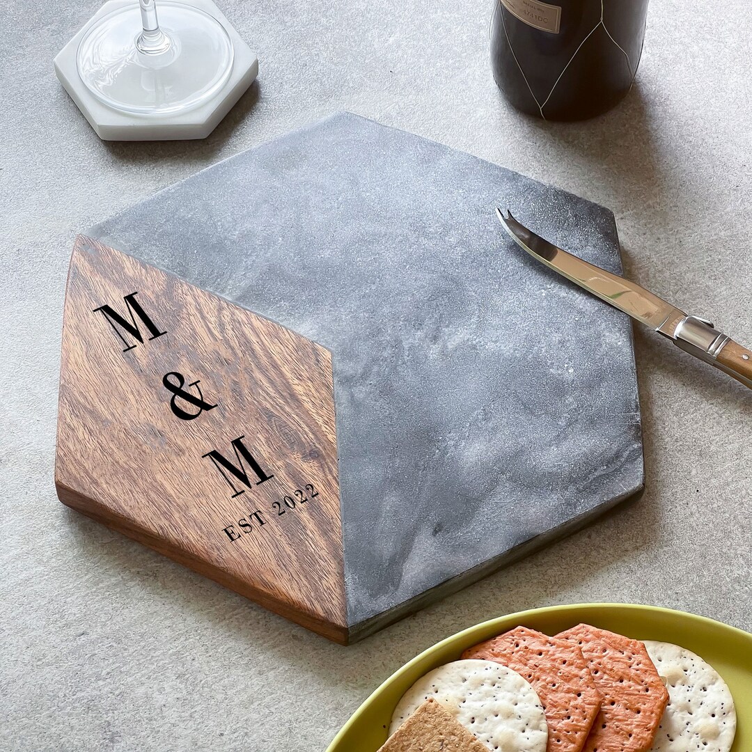 Personalized Marble & Acacia Hexagonal Cheese Board | Anniversary, New ...