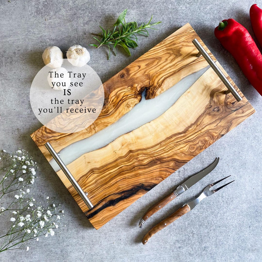 Olive Wood Resin River Tray White Vein Unique Custom Charcuterie ...