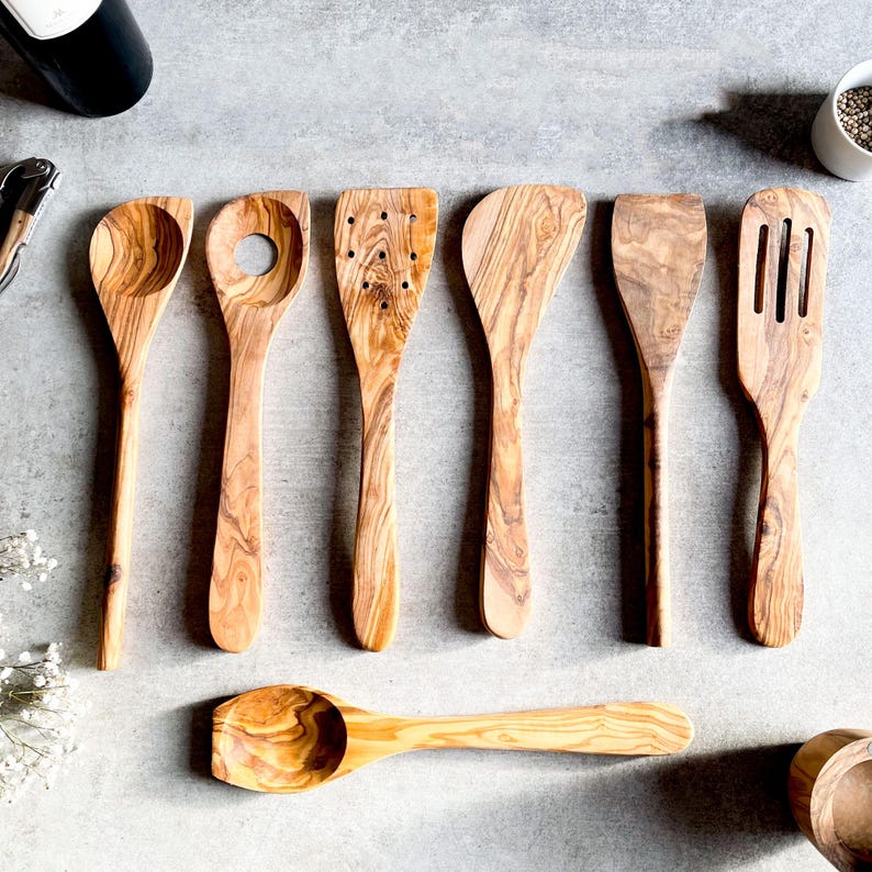 Italian Olive Wood Kitchen Utensils 7 Piece Set | Wooden Cooking ...