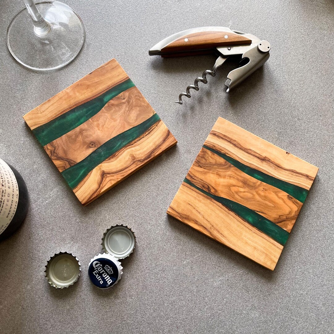 Handmade Rustic Olive Wood Drinks Coasters With Marbled Green Resin ...