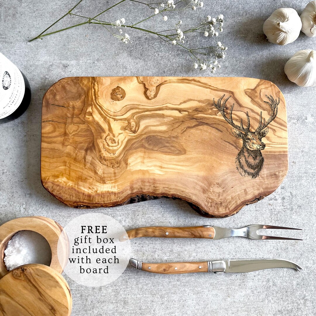 Rustic Olive Wood Stag Deer Engraved Cutting, Cheese Board ...