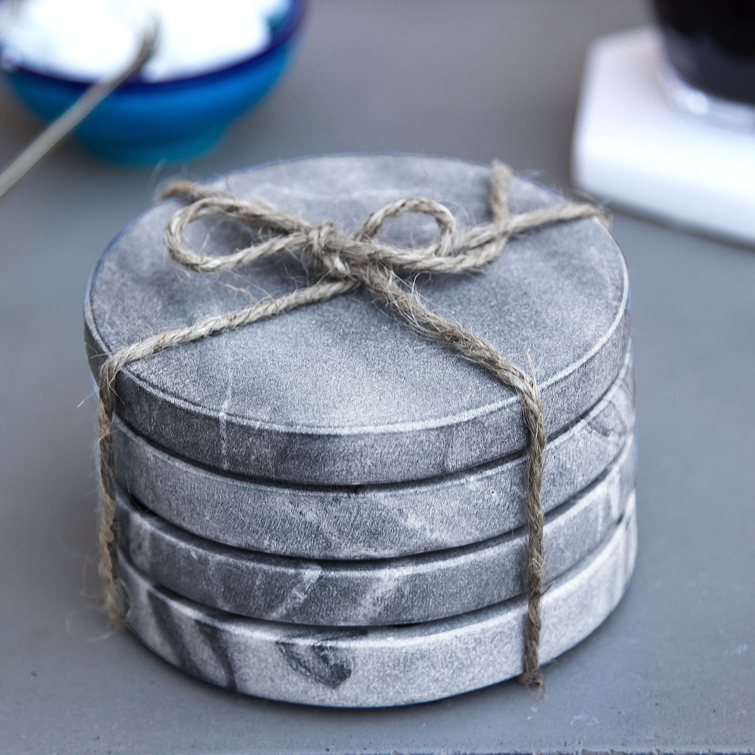 Set of 4 Round Marble Coasters Home Decor Grey Marble Stone Coasters ...