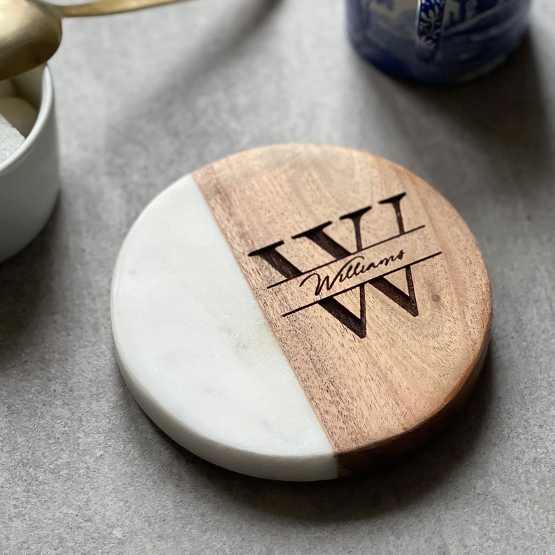 Personalised Monogram Marble & Acacia Wood Coaster inc Gift | Etsy