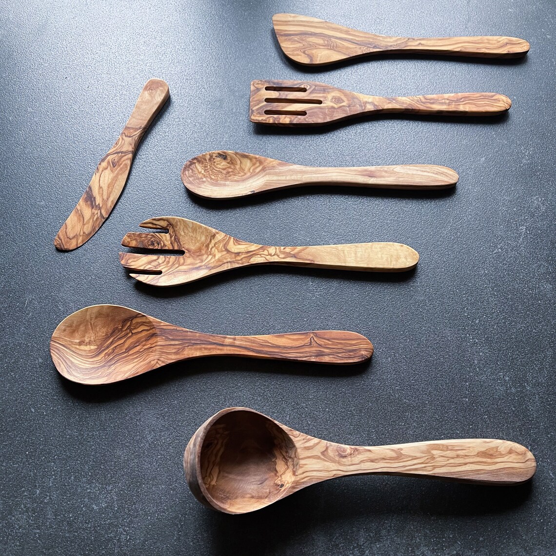 Traditional Olive Wood 7 Piece Kitchen Utensil Set | Cooking Wooden ...