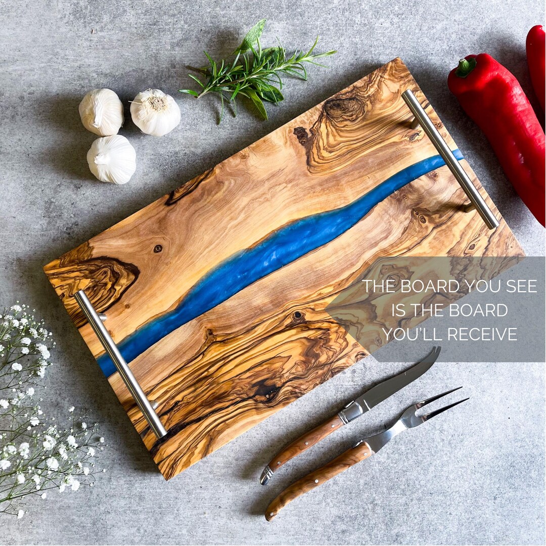 Olive Wood Japanese Style Cheese Board With Handles - Blue Resin Vein ...
