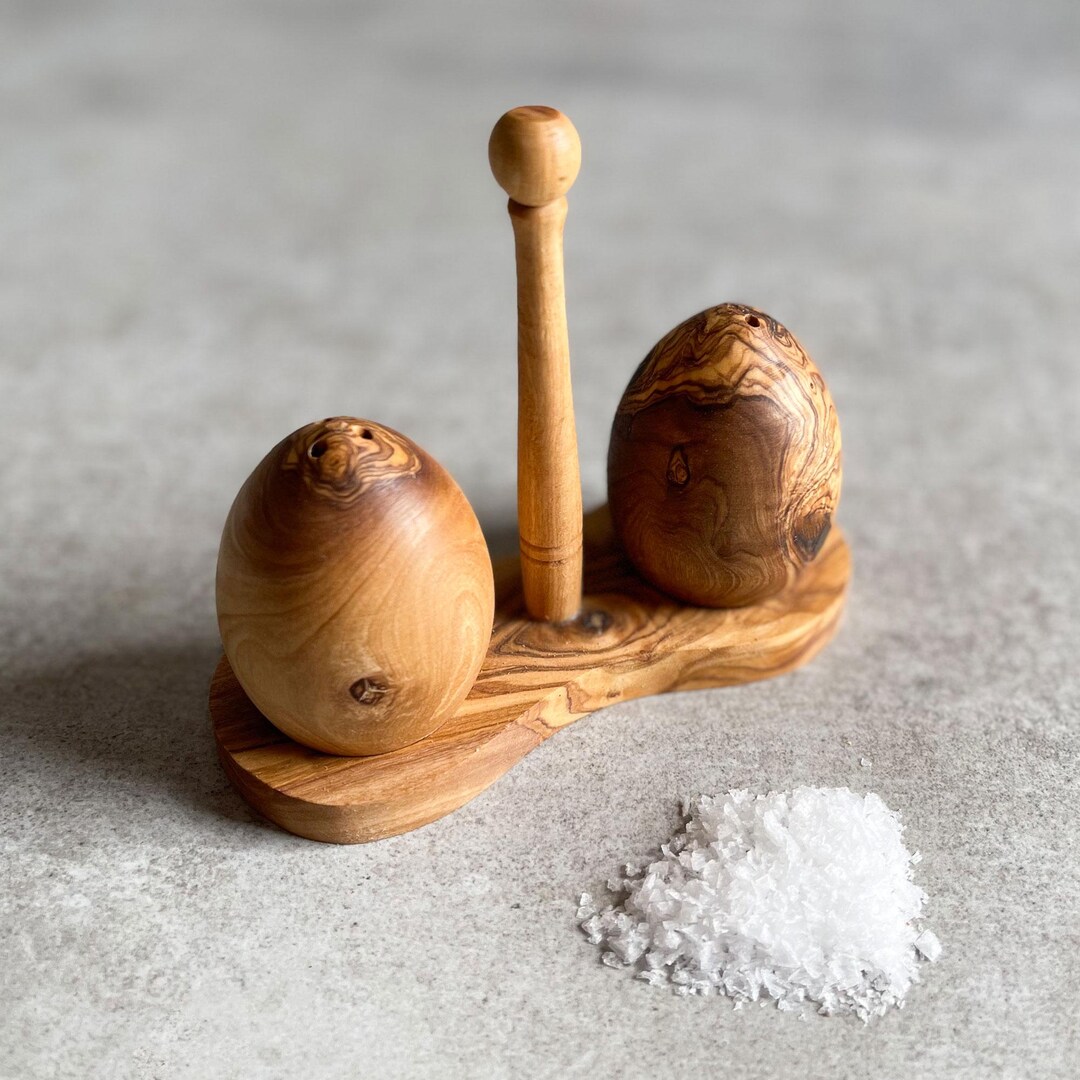 Olive Wood Salt & Pepper 3 Piece Shaker Set, Handcrafted Rustic Kitchen ...