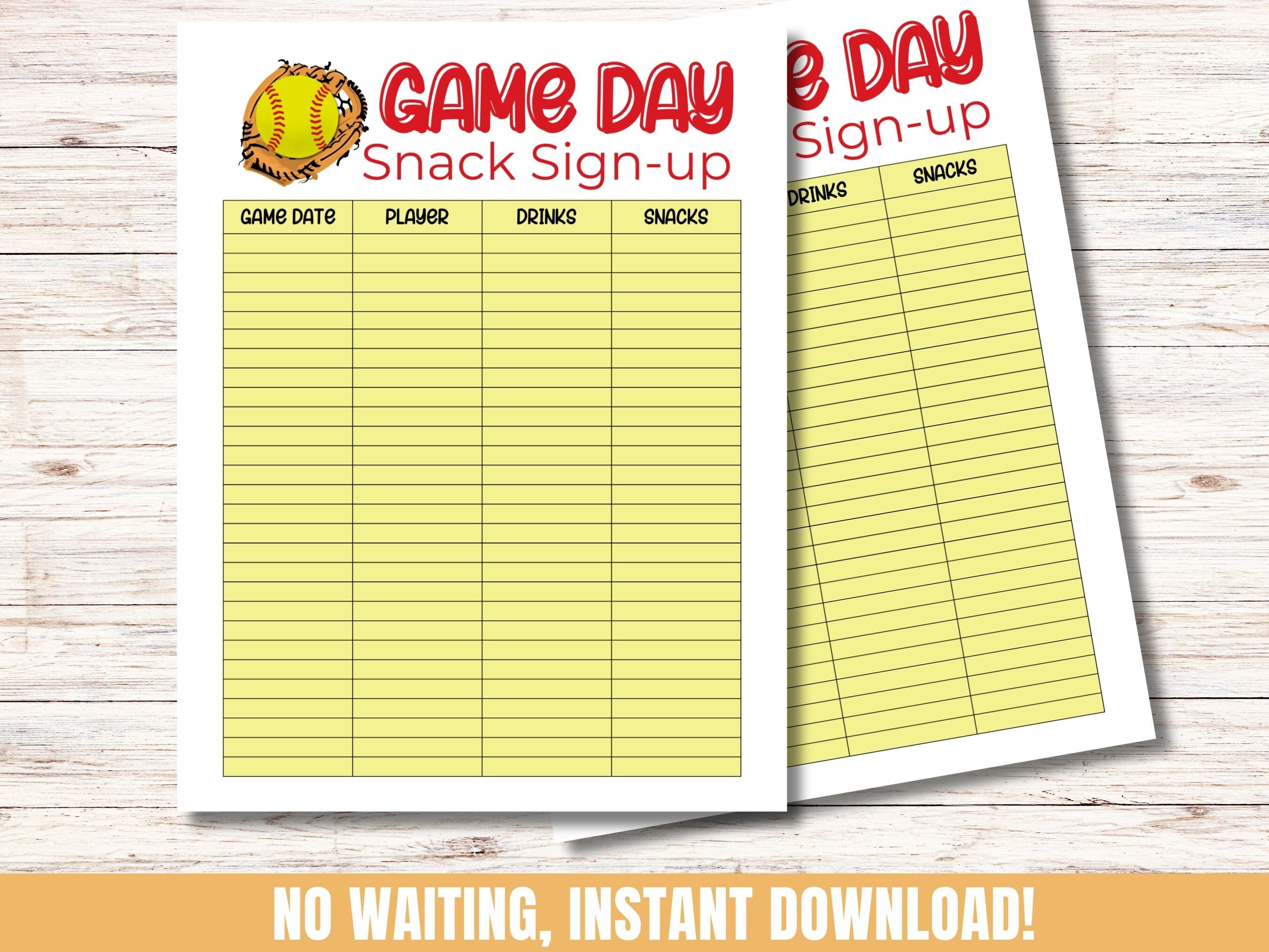 Snack Sign-up Sheet Softball Snack Schedule Softball Team Snack Game ...