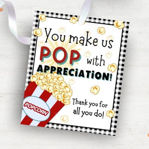 Popcorn Appreciation Gift Tag Printable Popcorn Teacher Employee ...