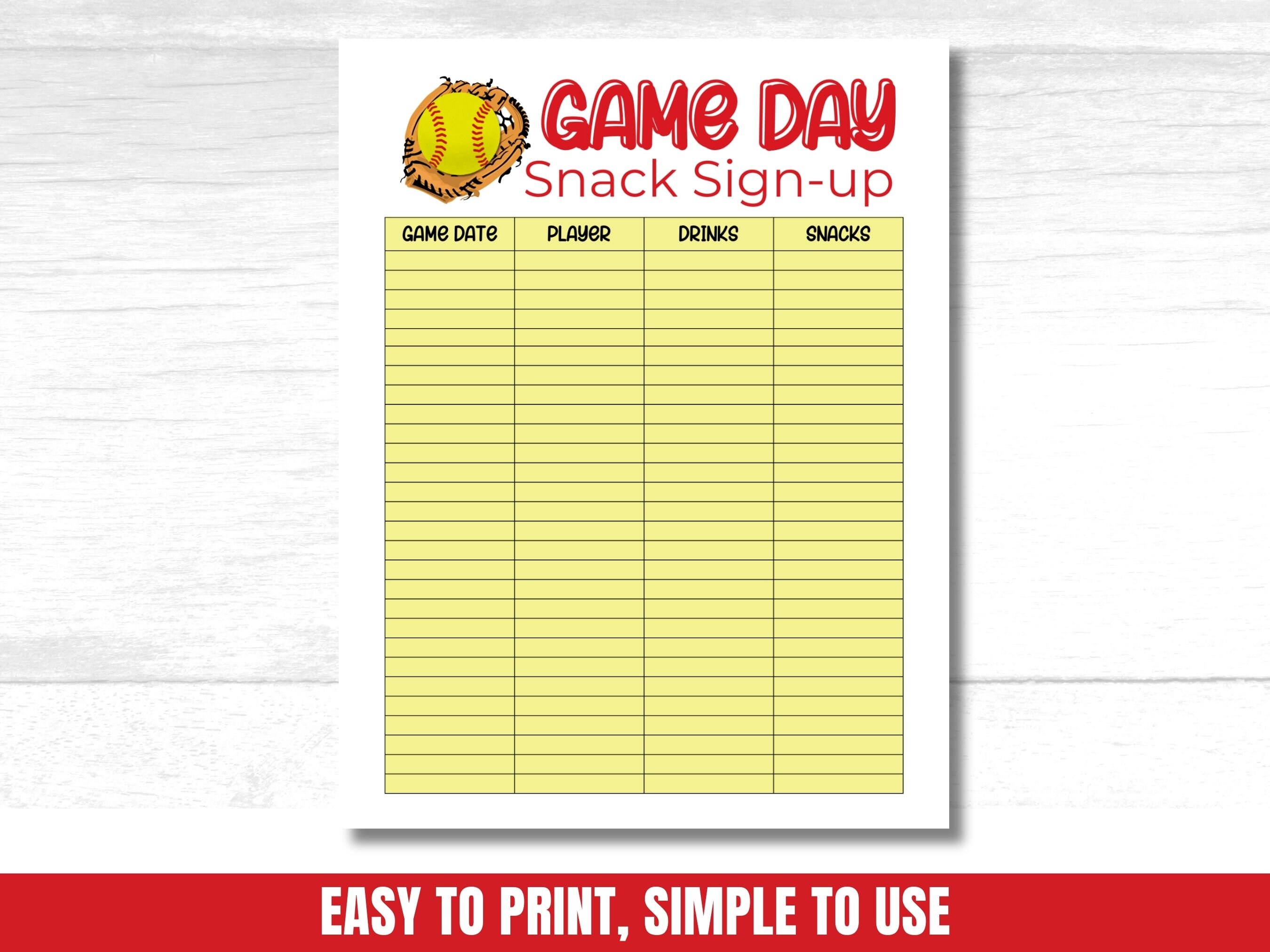 Snack Sign-up Sheet Softball Snack Schedule Softball Team Snack Game ...