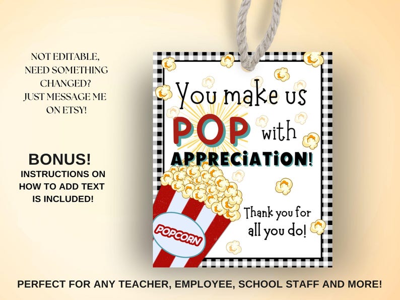 Popcorn Appreciation Gift Tag Printable Popcorn Teacher Employee ...