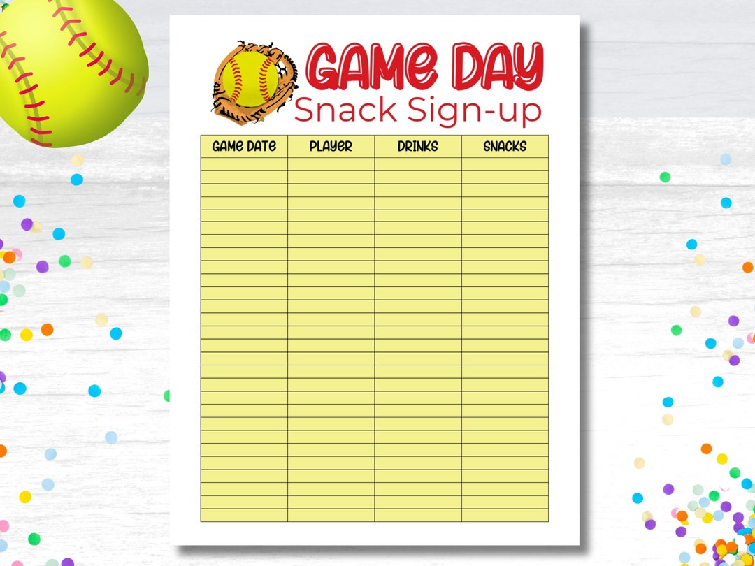 Snack Sign-up Sheet Softball Snack Schedule Softball Team Snack Game ...