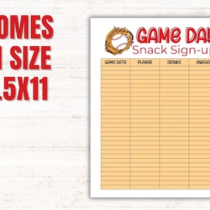 Snack Sign-up Sheet Baseball Snack Schedule Baseball Team Snack Game ...