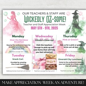Wicked Teacher Appreciation Week Theme Ideas Editable Teacher Itinerary ...