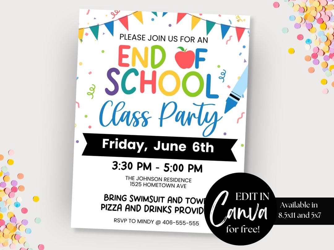 Editable End-of-school-year Party Flyer Class Party Canva Template for ...