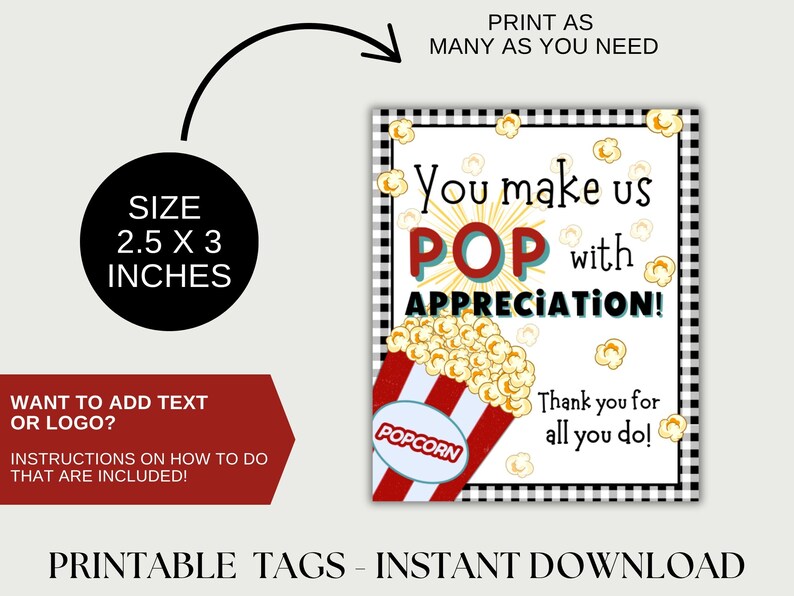 Popcorn Appreciation Gift Tag Printable Popcorn Teacher Employee ...
