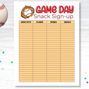 Snack Sign-up Sheet Baseball Snack Schedule Baseball Team Snack Game ...