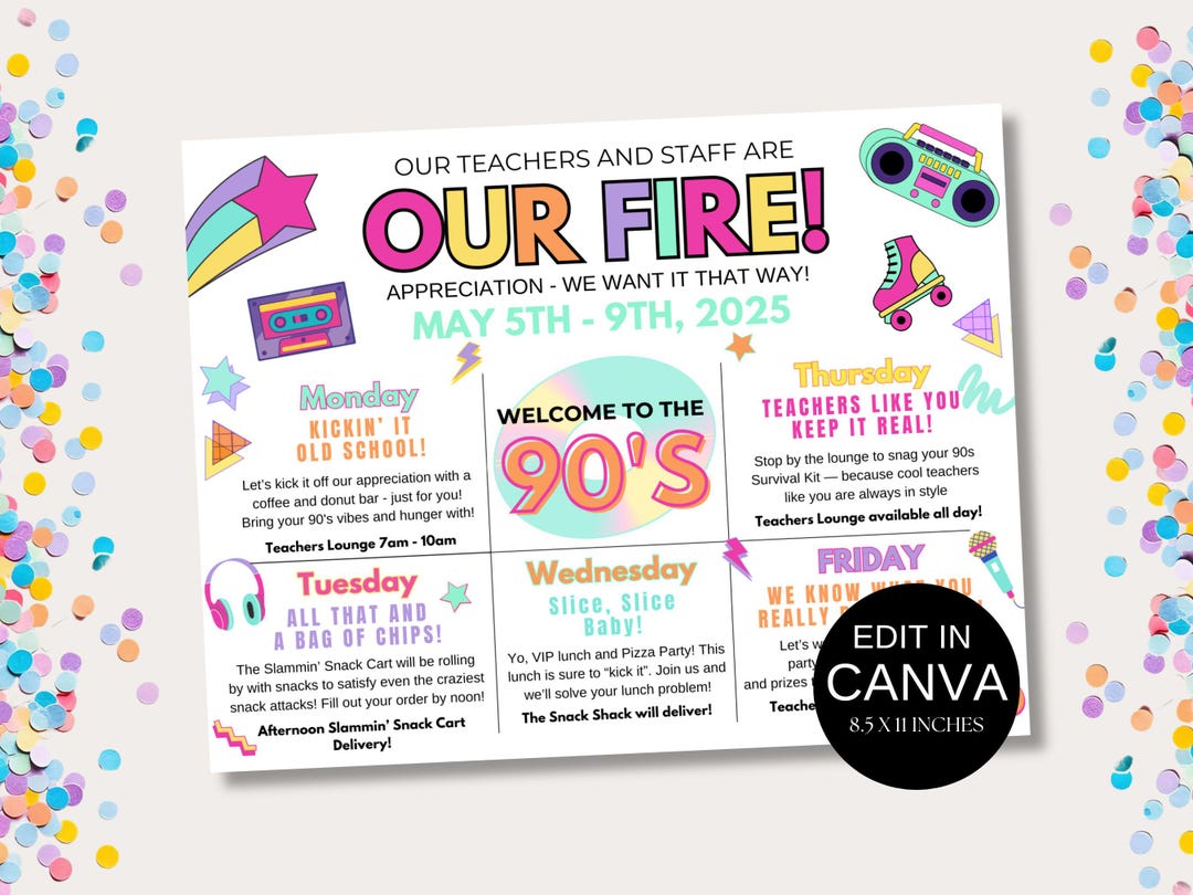 90's Theme Teacher Appreciation Week Theme Ideas Editable Teacher ...