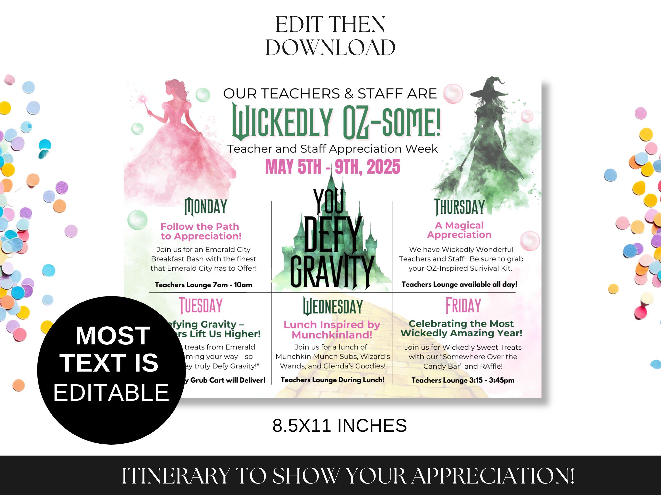Wicked Teacher Appreciation Week Theme Ideas Editable Teacher Itinerary ...