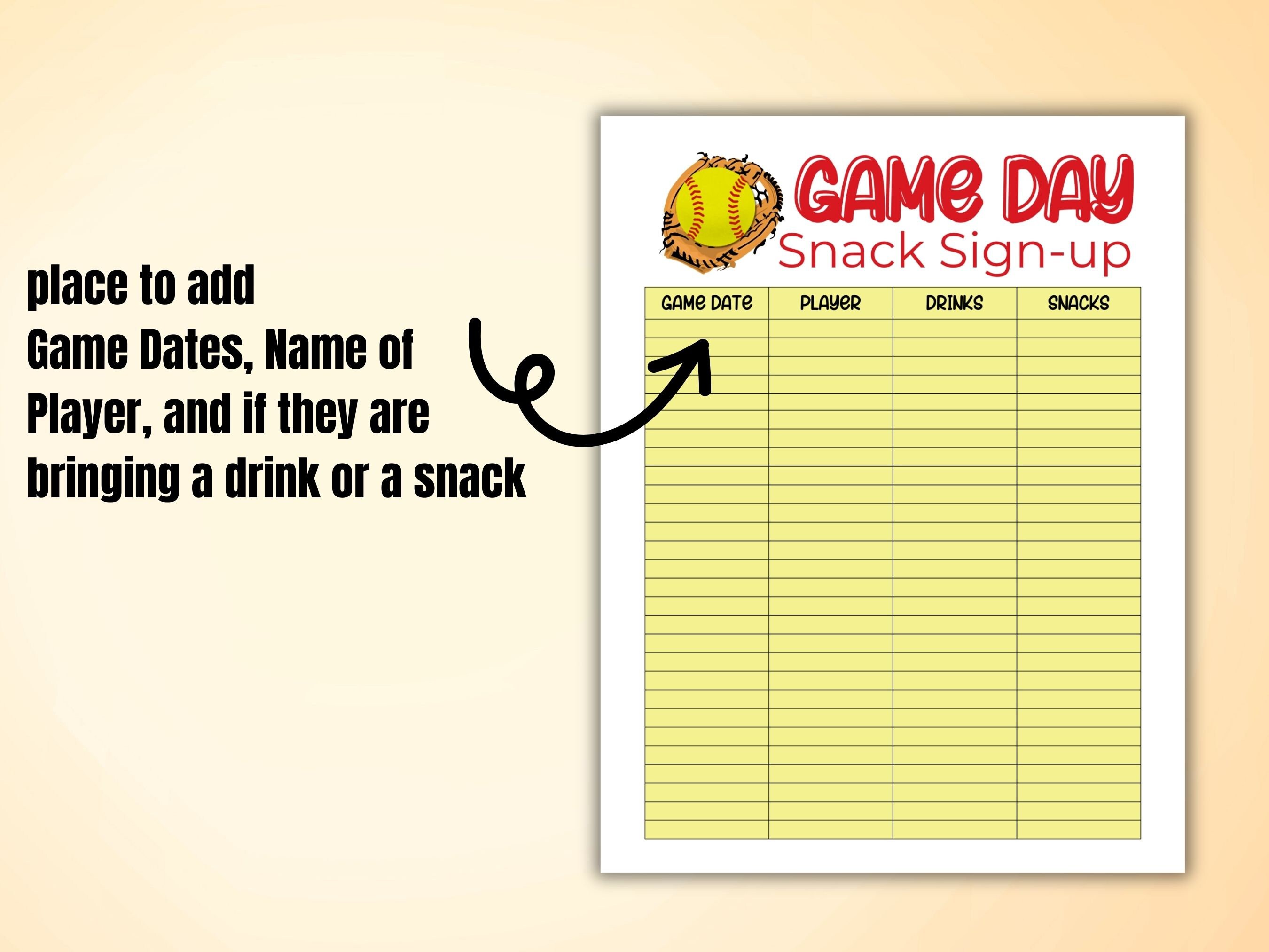 Snack Sign-up Sheet Softball Snack Schedule Softball Team Snack Game ...