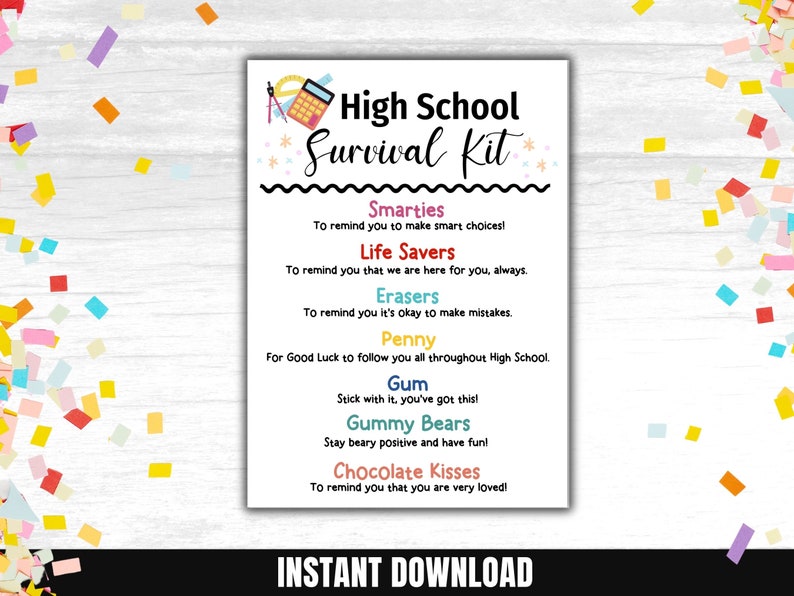 High School Survival Kit Gift Tags Printable First Day of High School ...