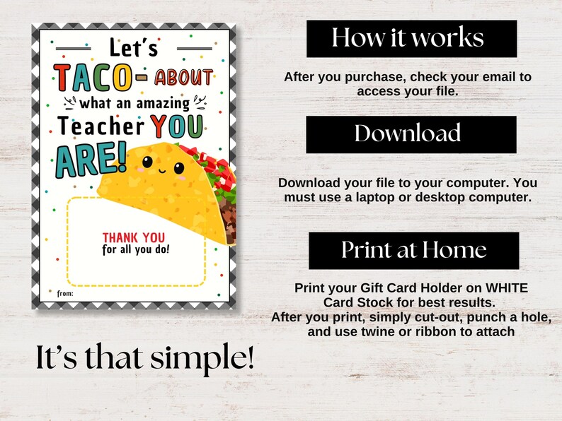 Teacher Appreciation Taco Printable Gift Card Holder Taco Teacher ...