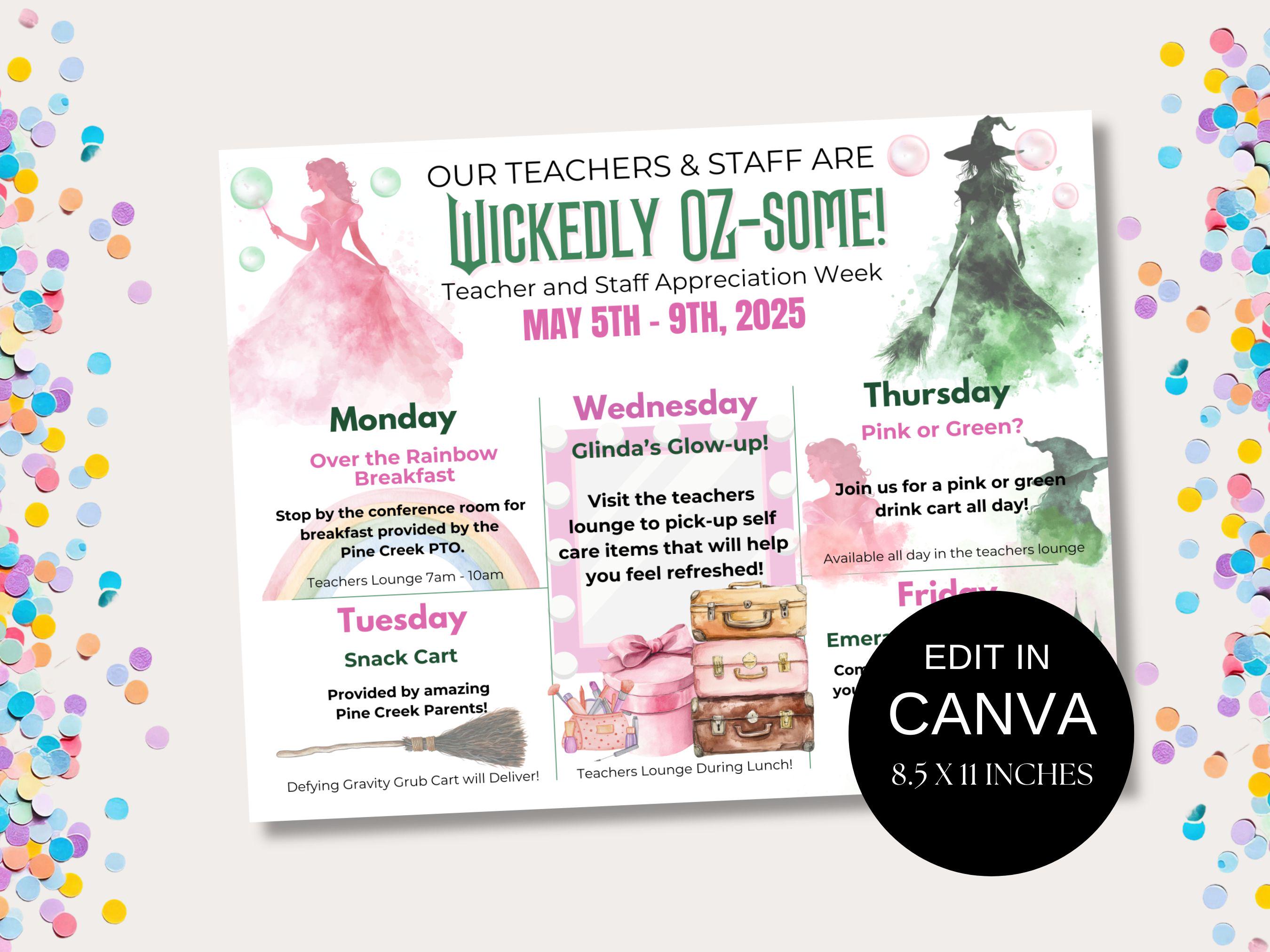 Wicked Teacher Appreciation Week Theme Ideas Editable Teacher Itinerary ...