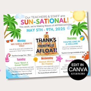 Beach Teacher Appreciation Week Theme Ideas Editable Teacher Itinerary ...