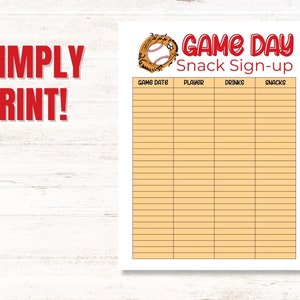 Snack Sign-up Sheet Baseball Snack Schedule Baseball Team Snack Game ...