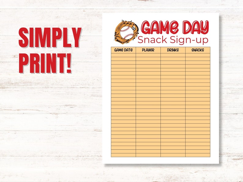 Snack Sign-up Sheet Baseball Snack Schedule Baseball Team Snack Game ...