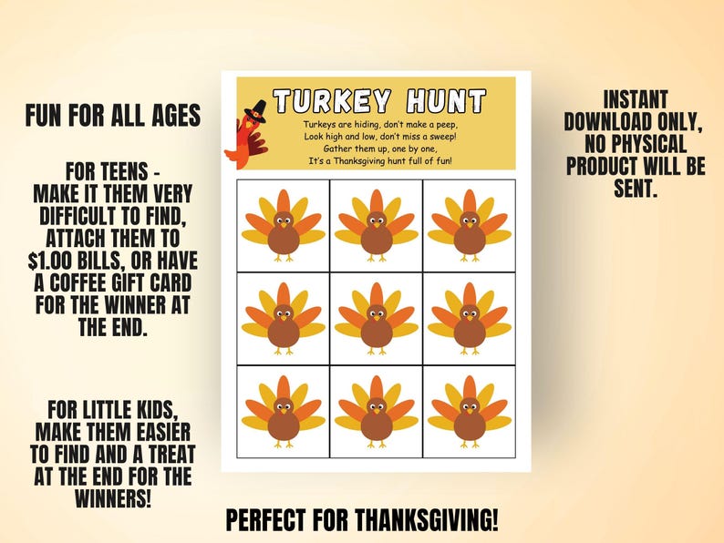 Turkey Hunt Activity Printable Game for Thanksgiving - Indoor Kids ...