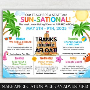 Beach Teacher Appreciation Week Theme Ideas Editable Teacher Itinerary ...