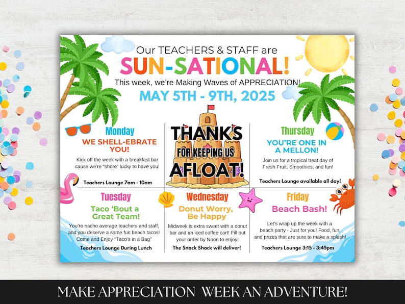 Beach Teacher Appreciation Week Theme Ideas Editable Teacher Itinerary ...