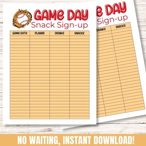Snack Sign-up Sheet Baseball Snack Schedule Baseball Team Snack Game ...