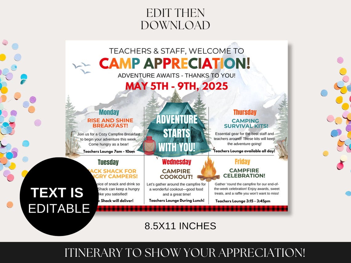 Camp Theme Teacher Appreciation Week Theme Ideas Editable Teacher ...