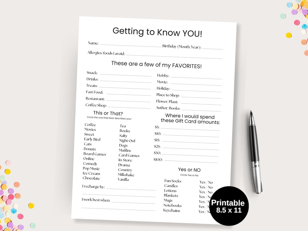Getting to Know You Employee Favorites Questionnaire All About Me ...