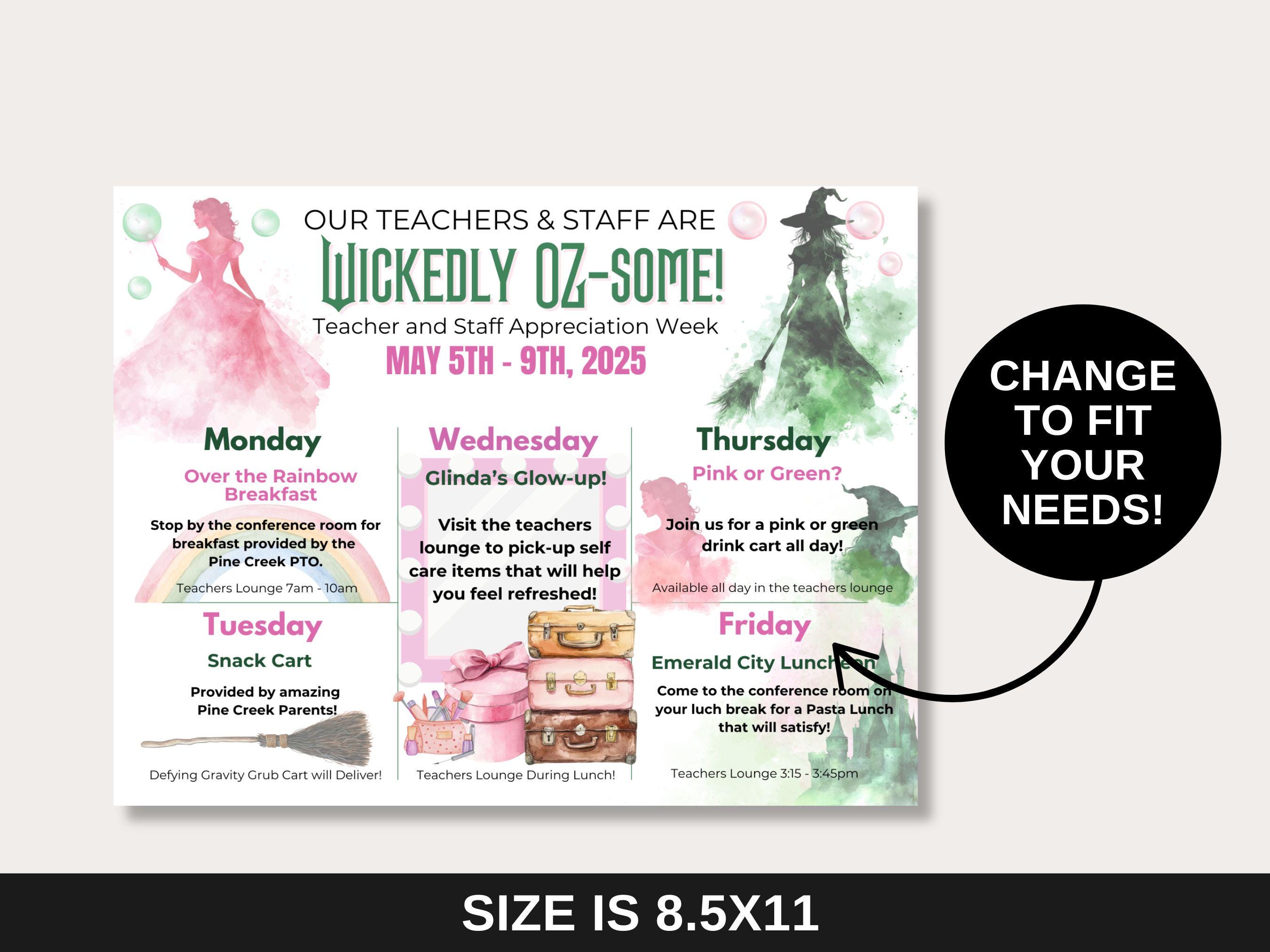 Wicked Teacher Appreciation Week Theme Ideas Editable Teacher Itinerary ...