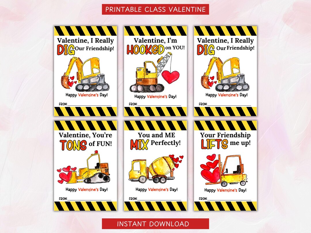 Kids Construction Truck Valentine's Class Exchange Cards Printable and ...