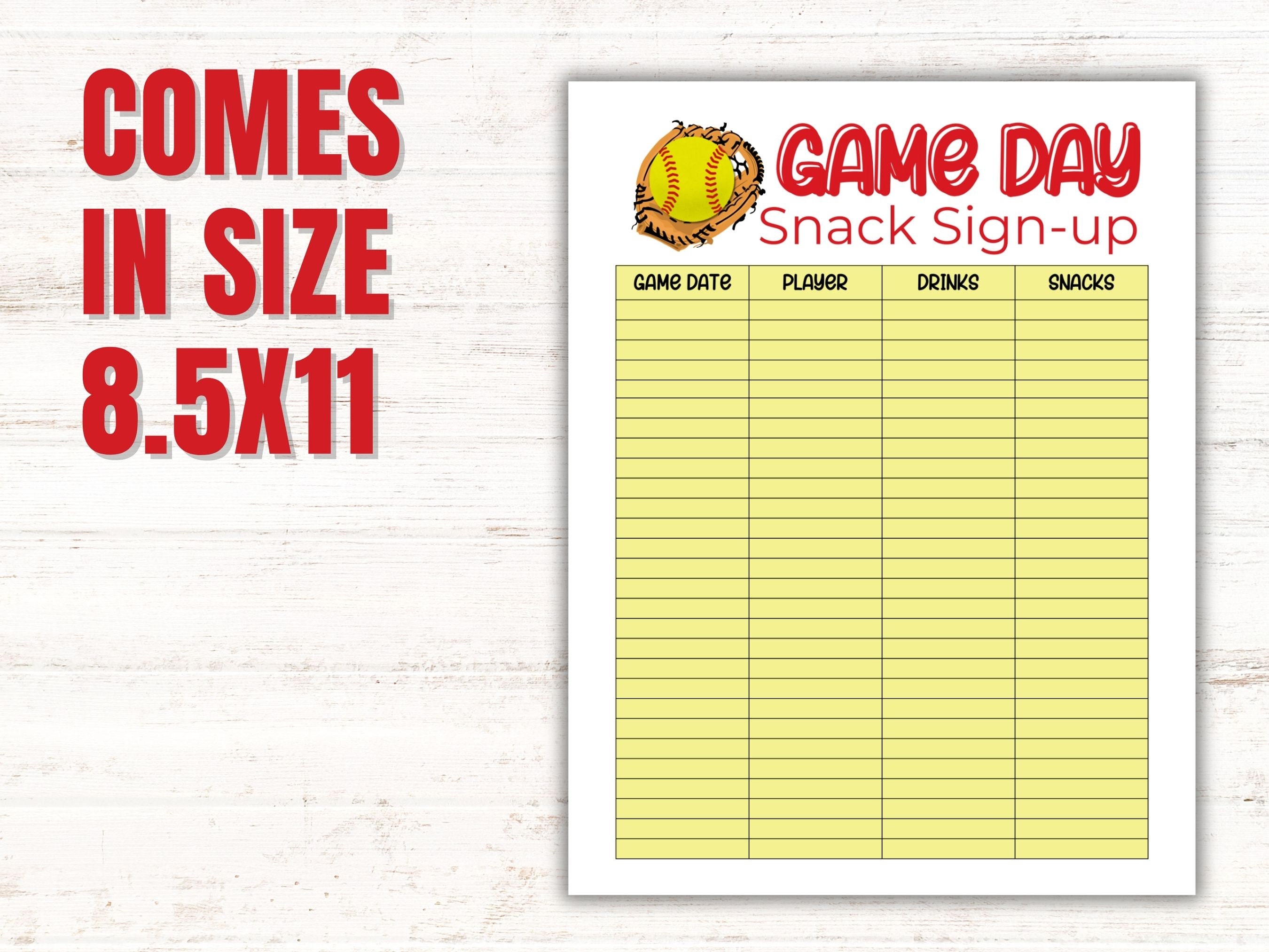 Snack Sign-up Sheet Softball Snack Schedule Softball Team Snack Game ...