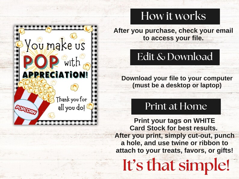 Popcorn Appreciation Gift Tag Printable Popcorn Teacher Employee ...