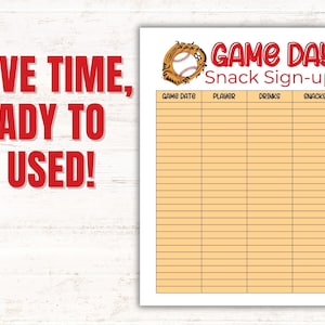 Snack Sign-up Sheet Baseball Snack Schedule Baseball Team Snack Game ...