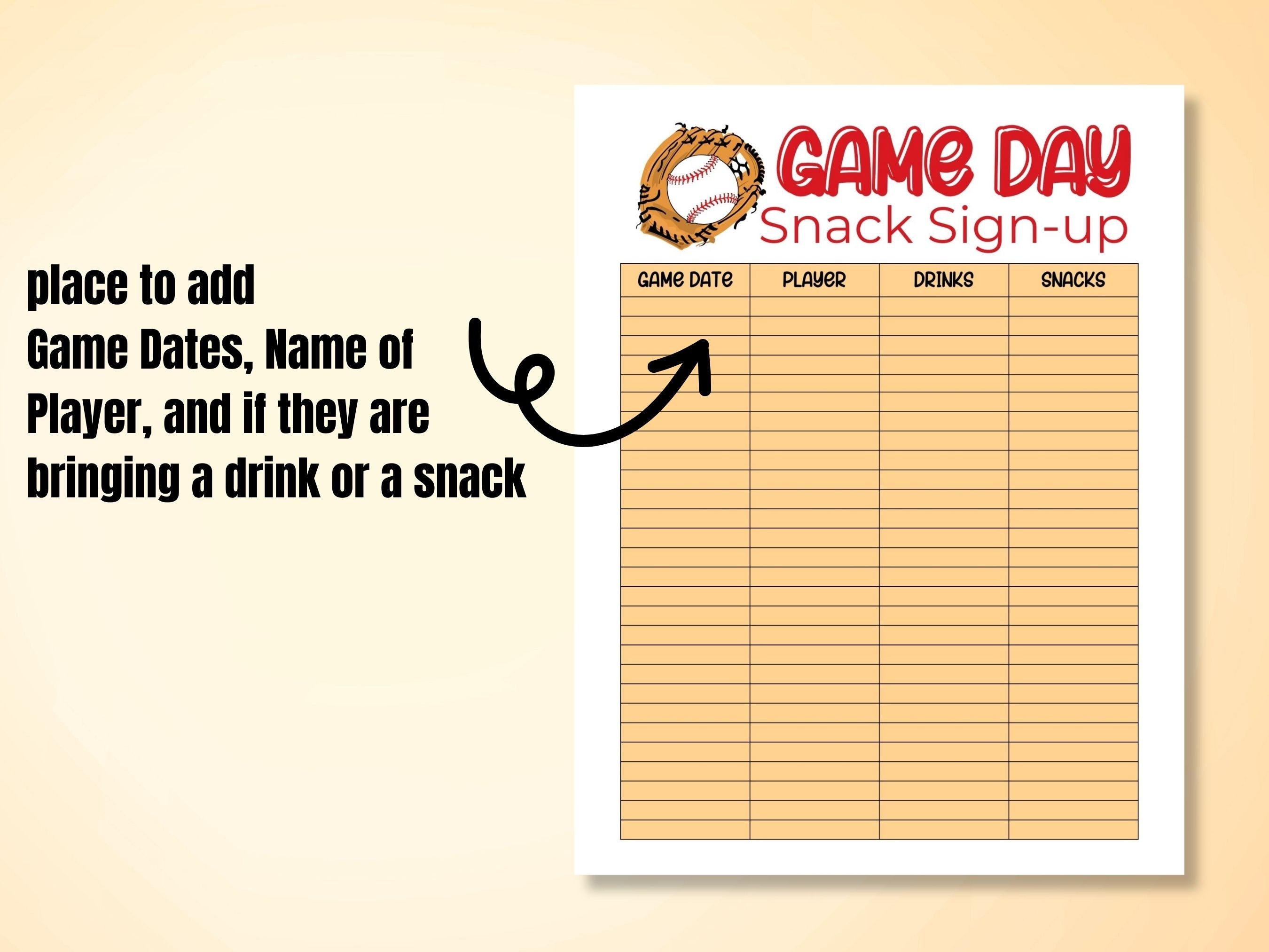 Snack Sign-up Sheet Baseball Snack Schedule Baseball Team Snack Game ...