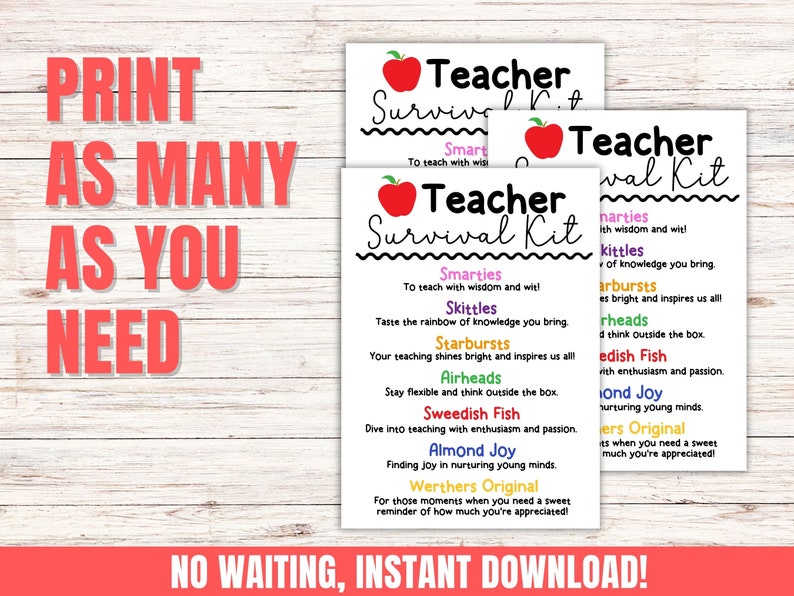 Teacher Survival Kit Gift Tags Printable Teacher Survival Kit Gift ...