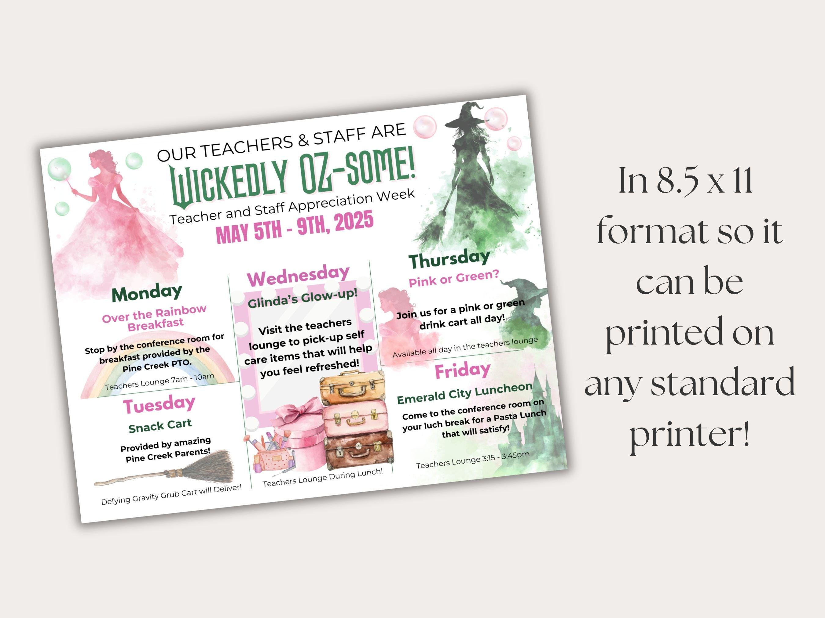 Wicked Teacher Appreciation Week Theme Ideas Editable Teacher Itinerary ...