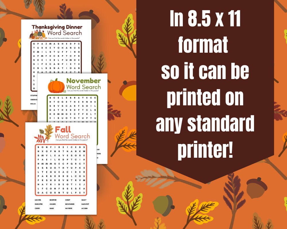 Thanksgiving and Fall Word Searches, Printable Activity for ...