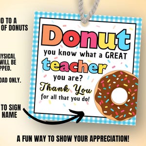 Teacher Donut Appreciation Gift Tag Donut Teacher Tags Thank You ...