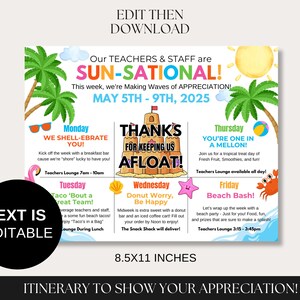 Beach Teacher Appreciation Week Theme Ideas Editable Teacher Itinerary ...