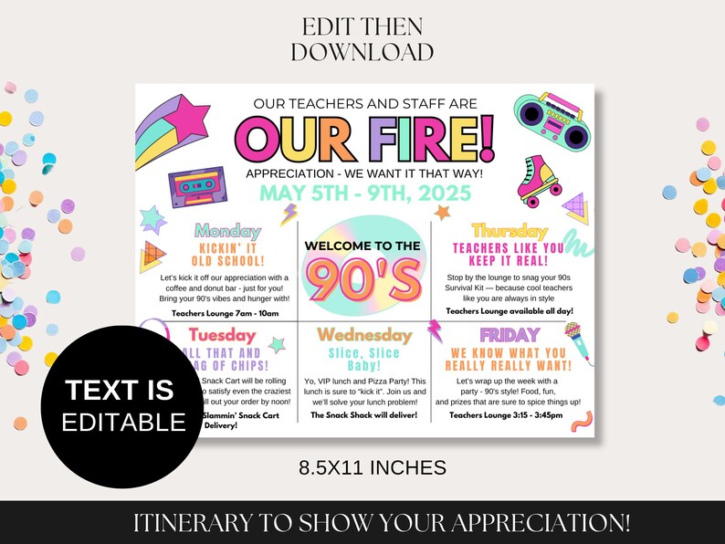 90's Theme Teacher Appreciation Week Theme Ideas Editable Teacher ...