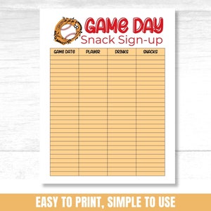 Snack Sign-up Sheet Baseball Snack Schedule Baseball Team Snack Game ...
